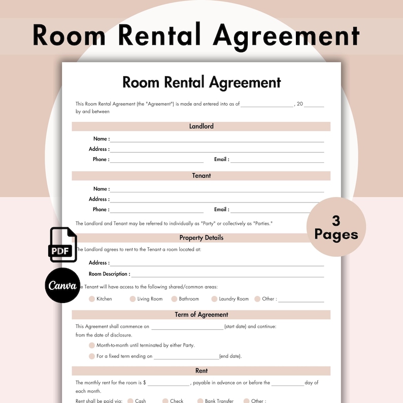 Room Rental Agreement, Printable Room Tenancy Agreement, Editable ...
