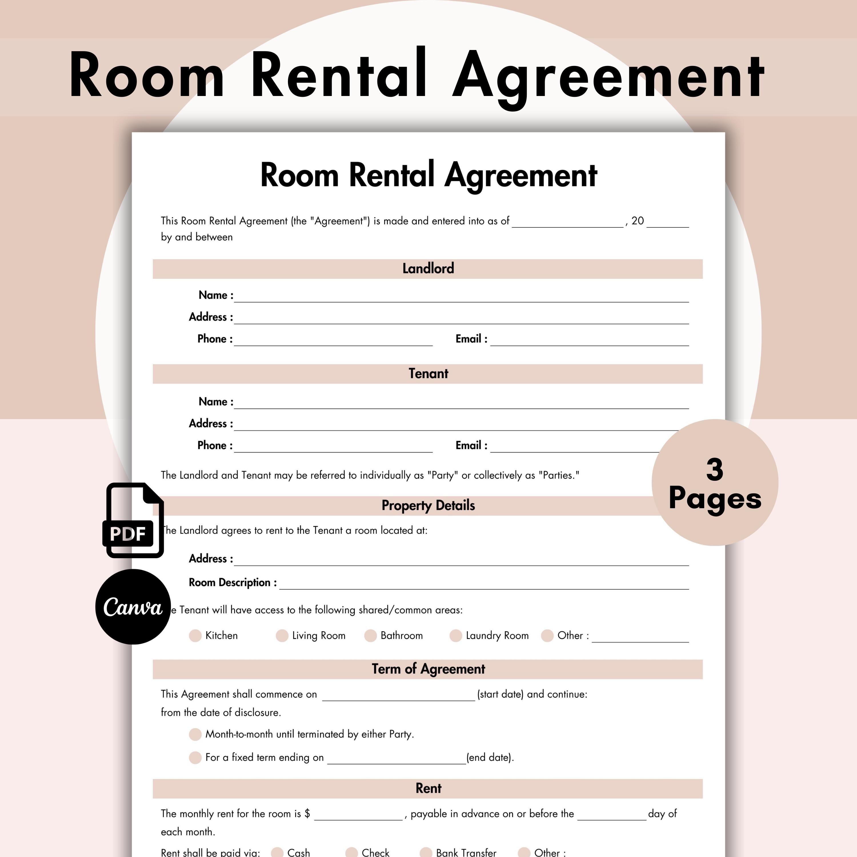 Room Rental Agreement, Printable Room Tenancy Agreement, Editable ...