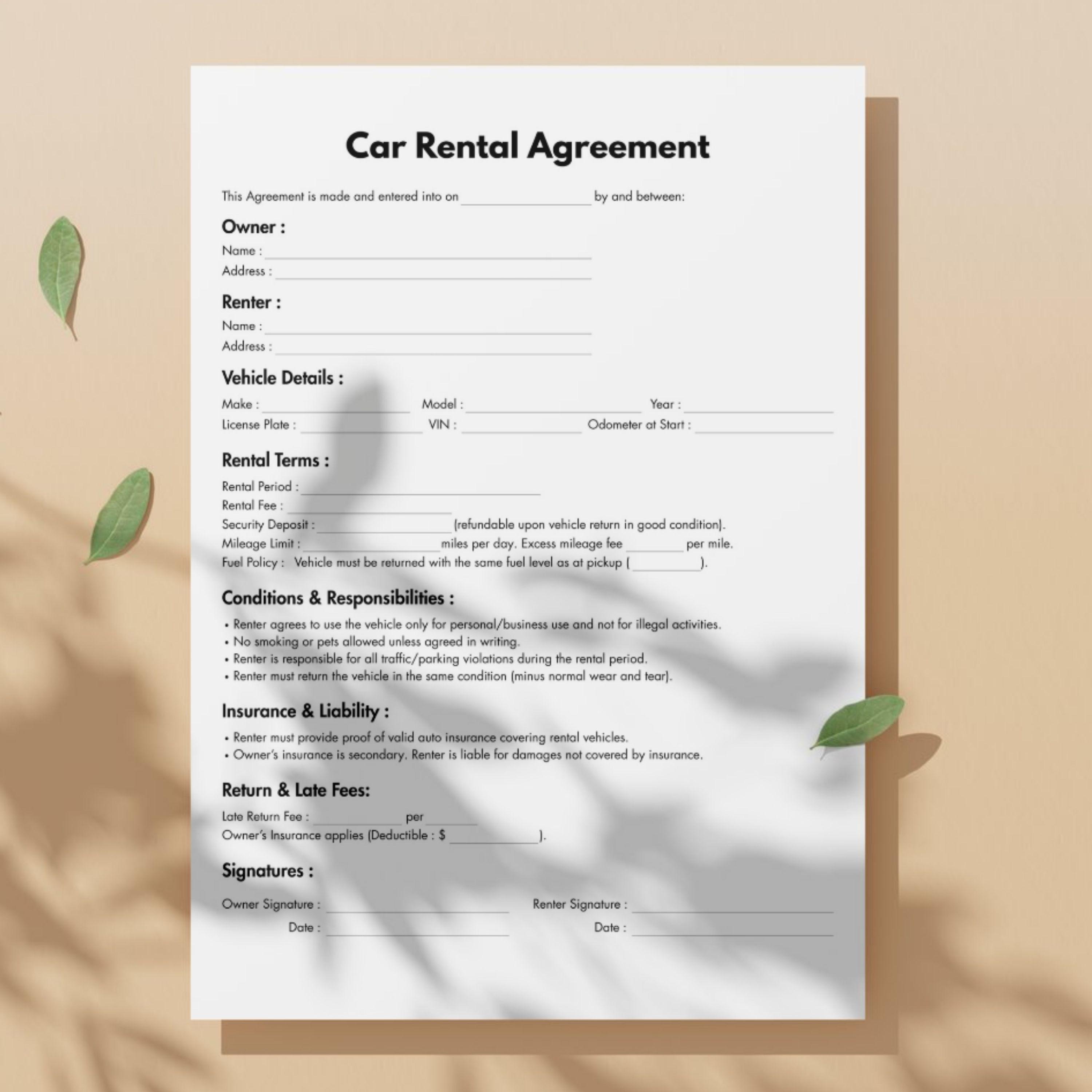 One Page Car Rental Agreement Template, Editable Car Rental Contract ...