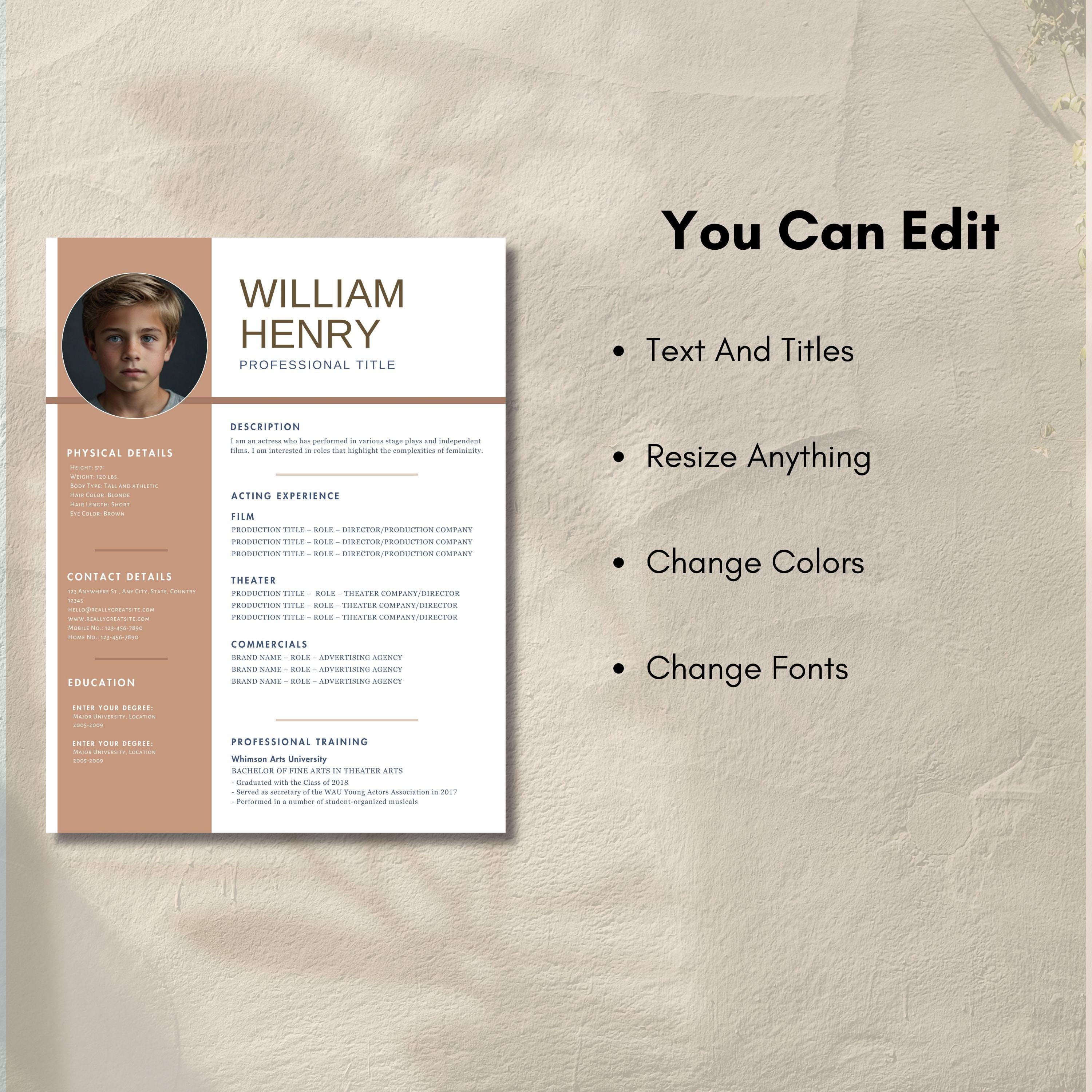 Child Actor and Actress Resume Template With Photo for Canva, Child ...