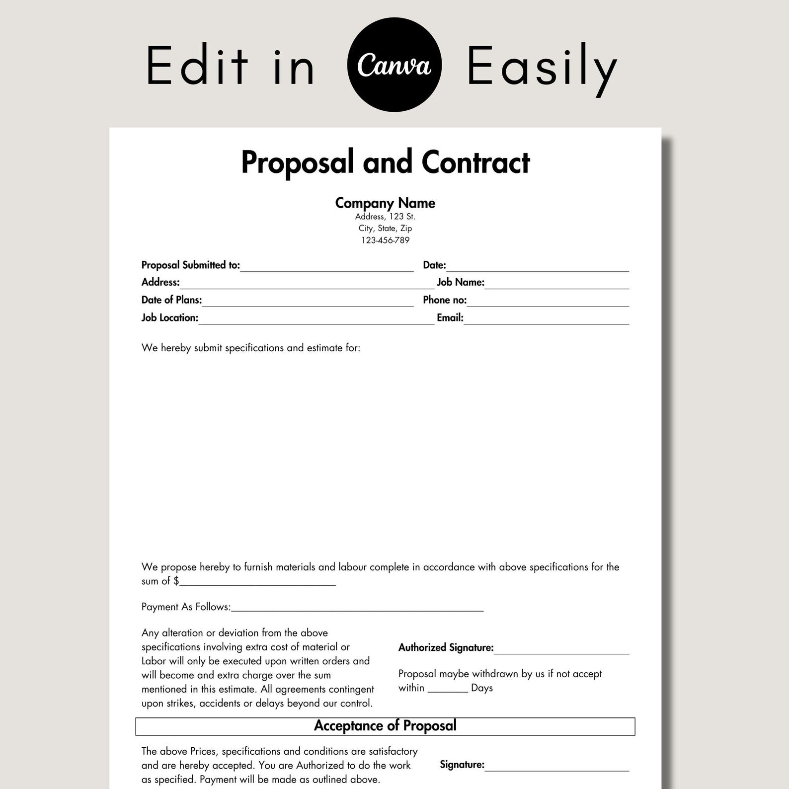 Editable Proposal and Contract Template, Job Proposal Form, Service ...