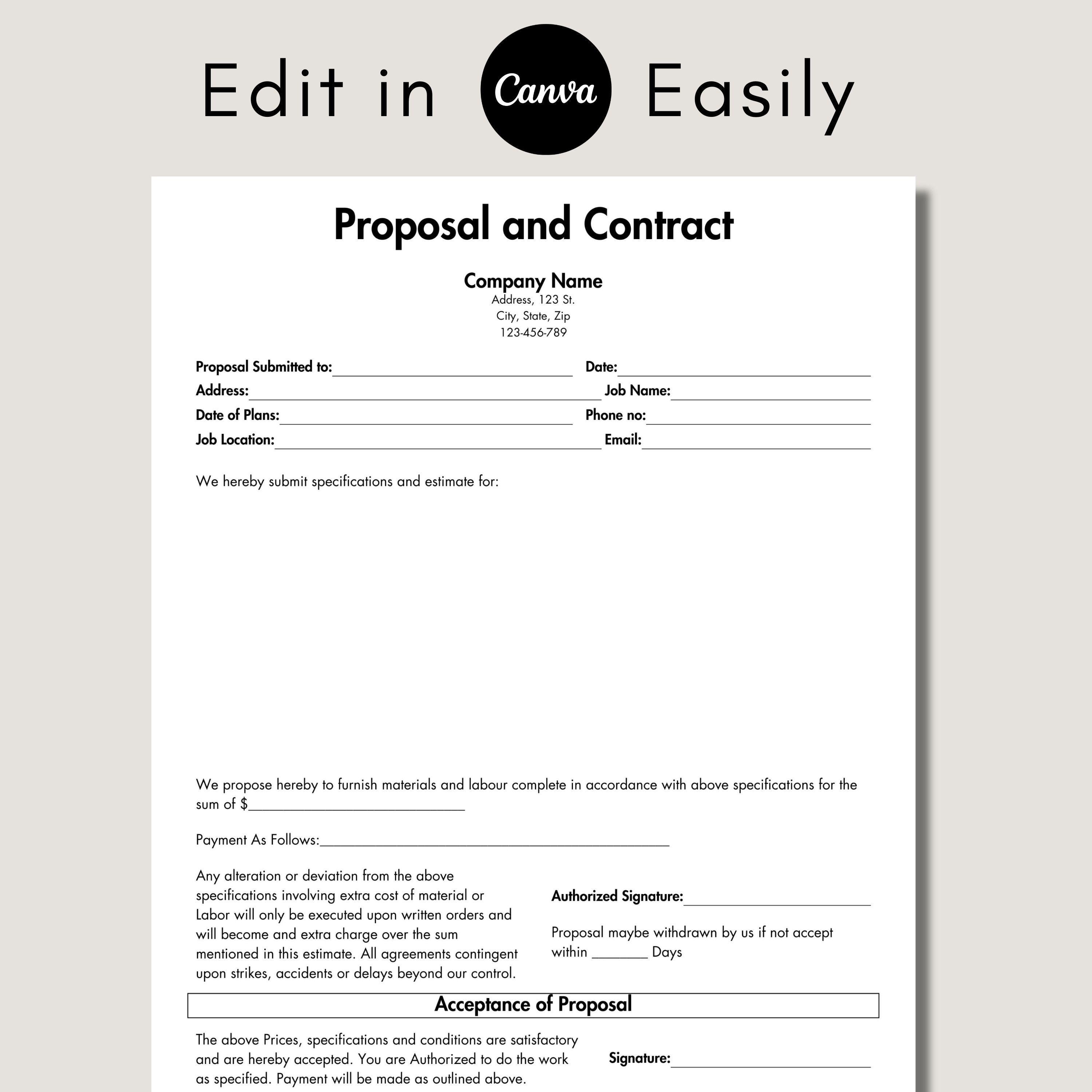 Editable Proposal and Contract Template, Job Proposal Form, Service ...