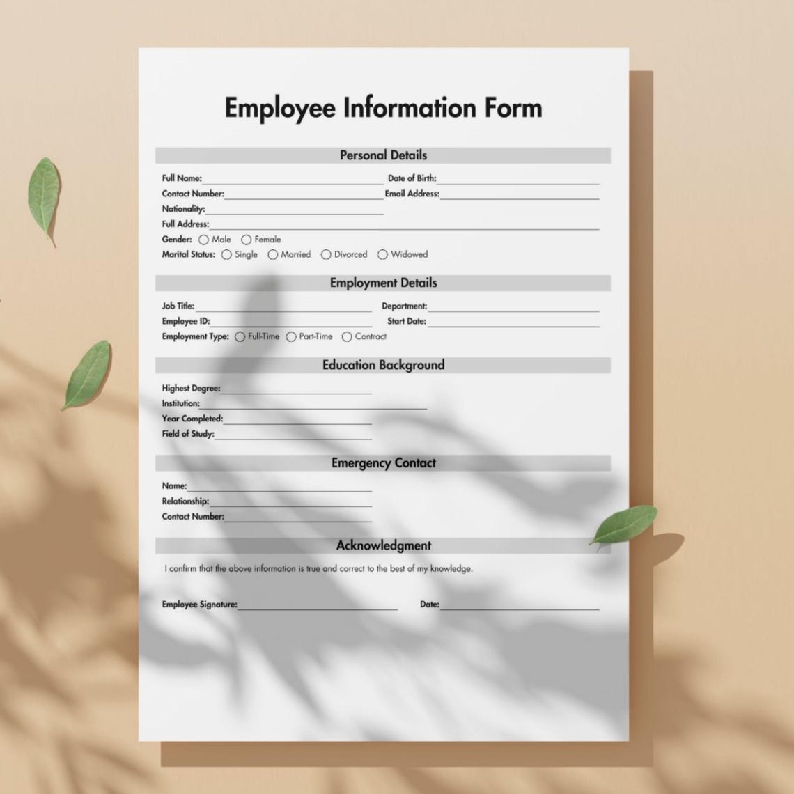 Employee Information Form Template, Editable HR Templates Employee Form ...