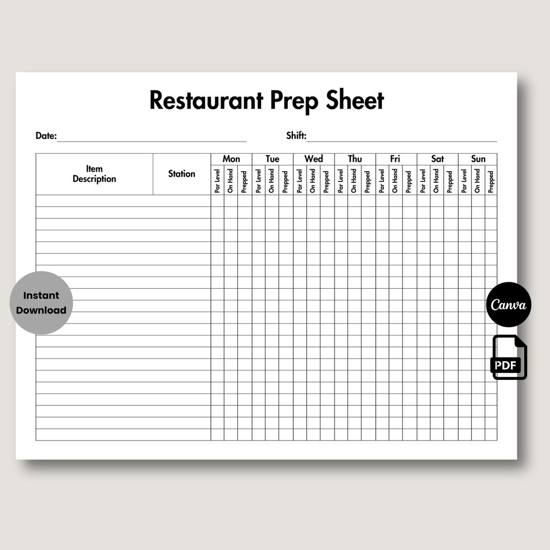Editable Restaurant Prep Sheet Template, Printable Restaurant Prep ...