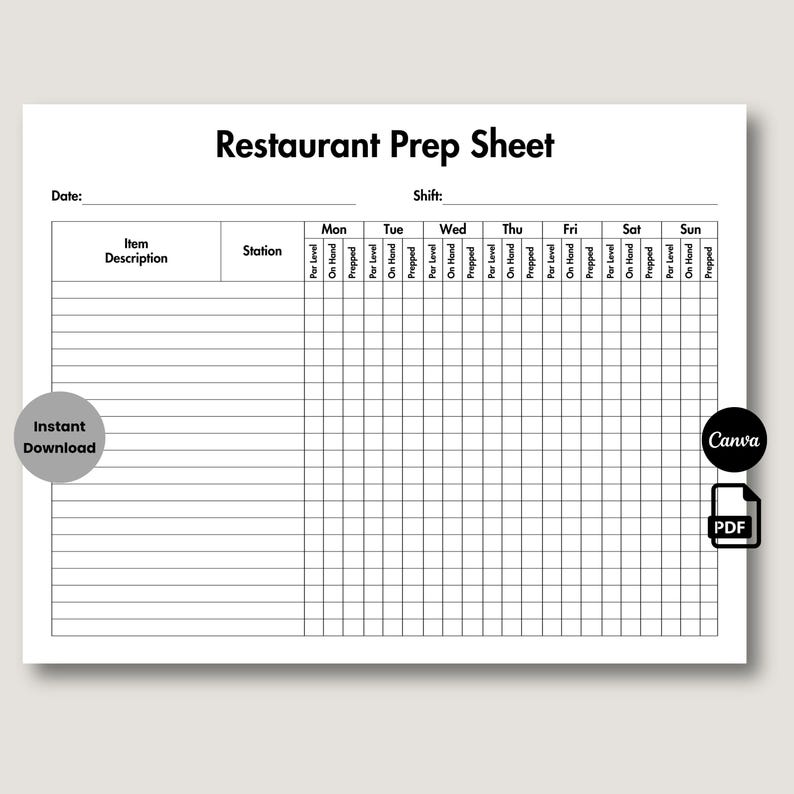 Editable Restaurant Prep Sheet Template, Printable Restaurant Prep ...