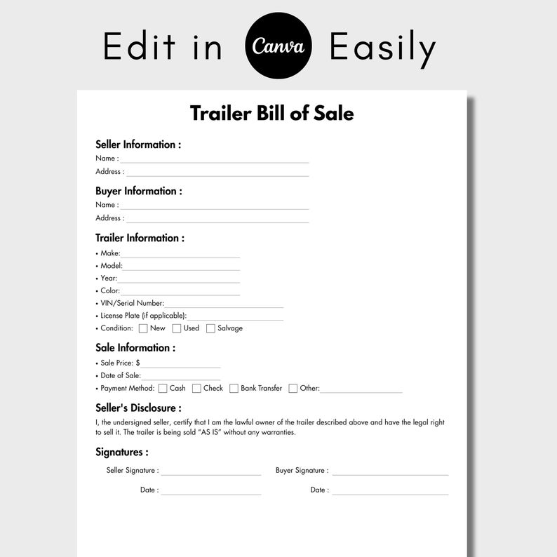 One Page Trailer Bill of Sale, Editable Trailer Contract Form Template ...