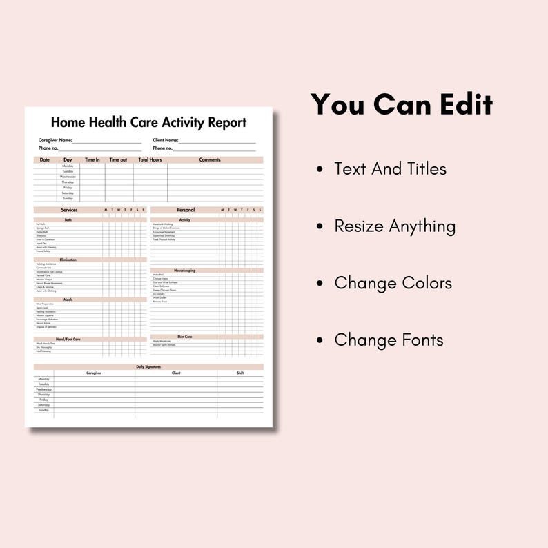 Home Health Caregiver Activity Report, Editable Elder Care Checklist ...