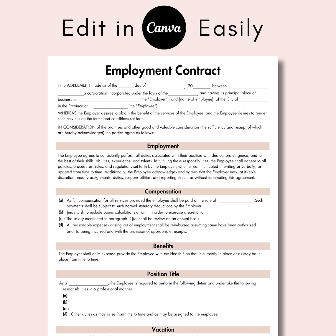 Employment Agreement Template, Editable Employment Service Contract ...