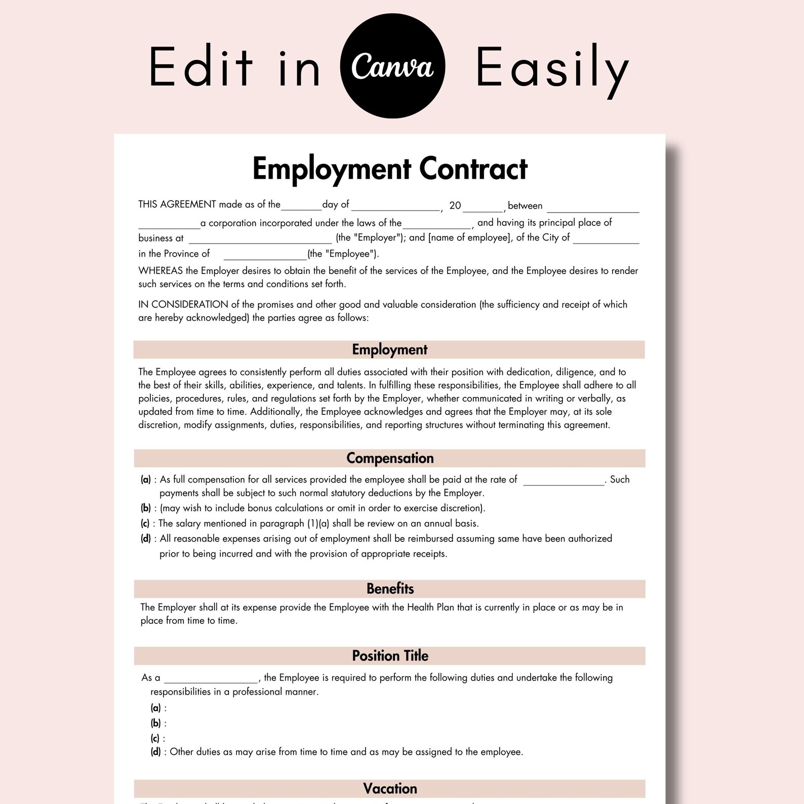 Employment Agreement Template, Editable Employment Service Contract ...