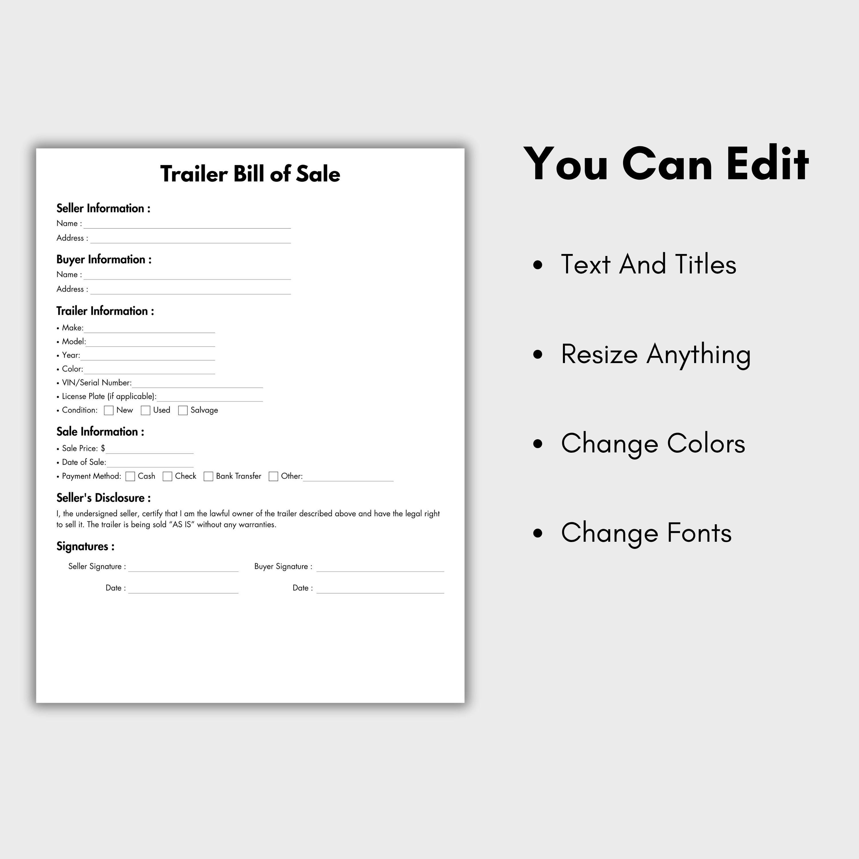 One Page Trailer Bill of Sale, Editable Trailer Contract Form Template ...