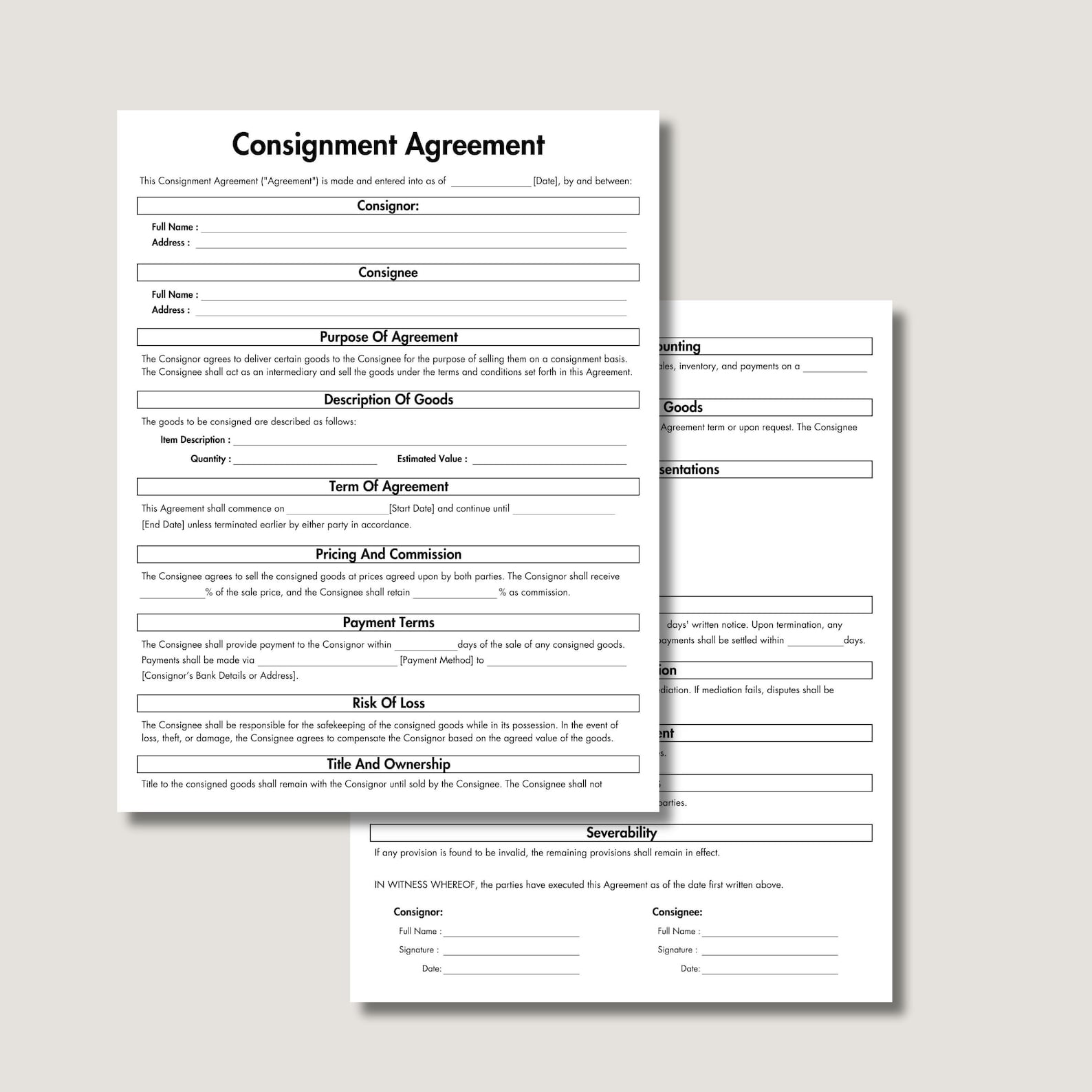 Editable Consignment Agreement Template, Consignment Contract, Shop Contract, Consignment Form ...