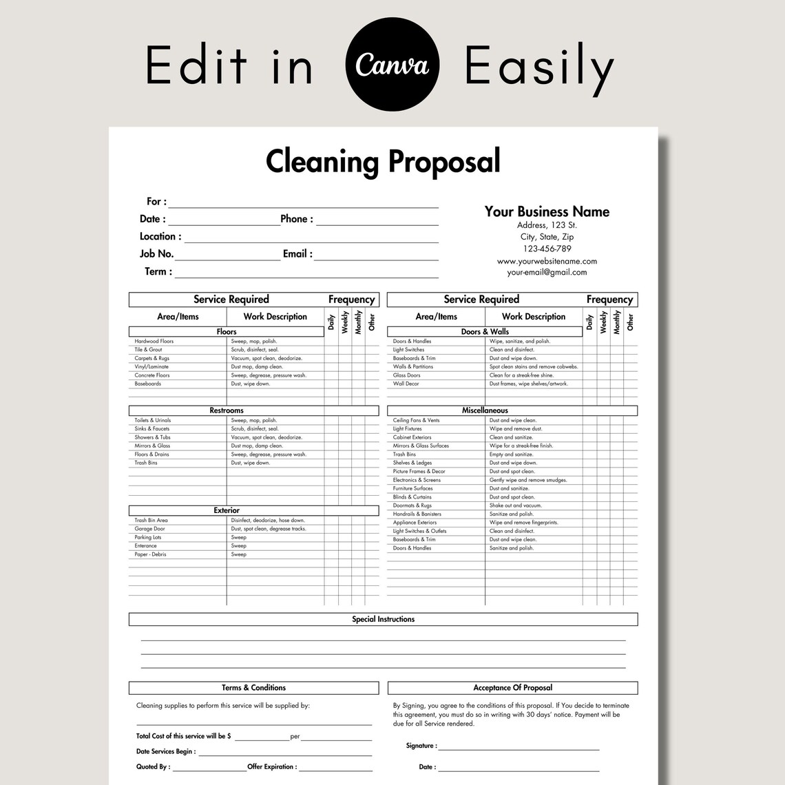 Editable Cleaning Service Proposal, Printable Business Cleaning Service ...