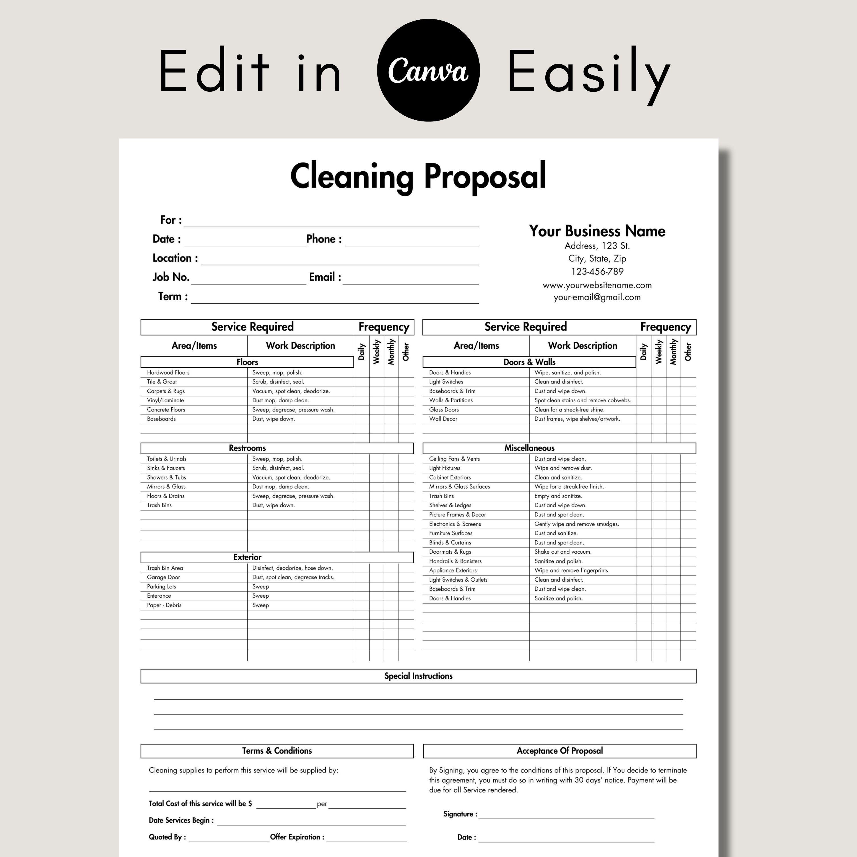 Editable Cleaning Service Proposal, Printable Business Cleaning Service ...