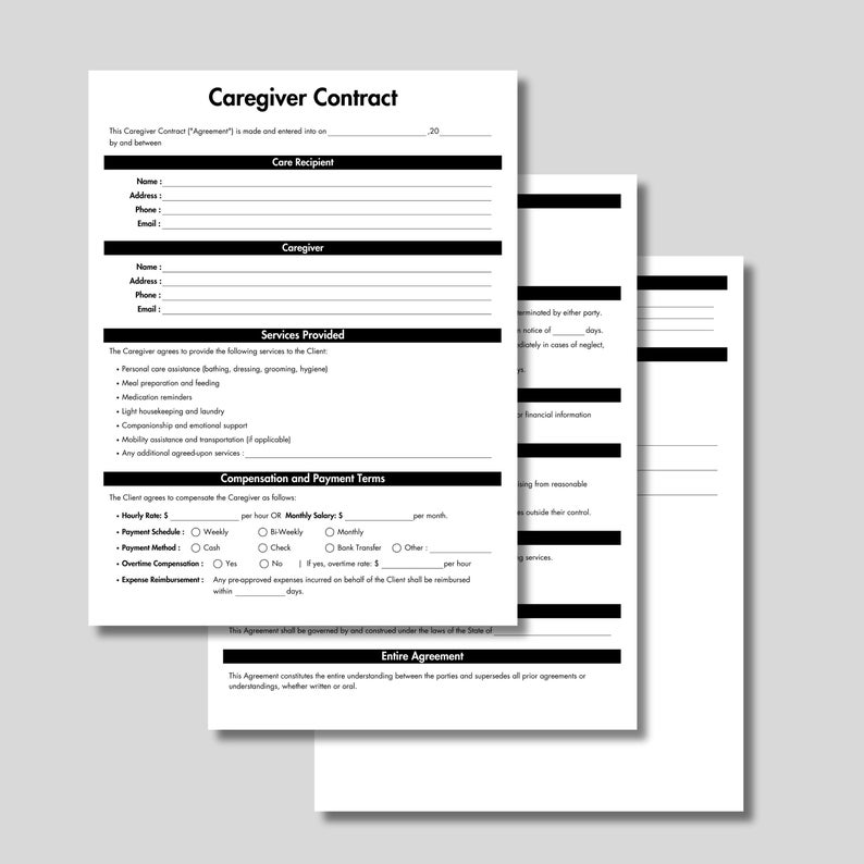Editable Caregiving Agreement, Printable Homecare Contract, Caregiving ...