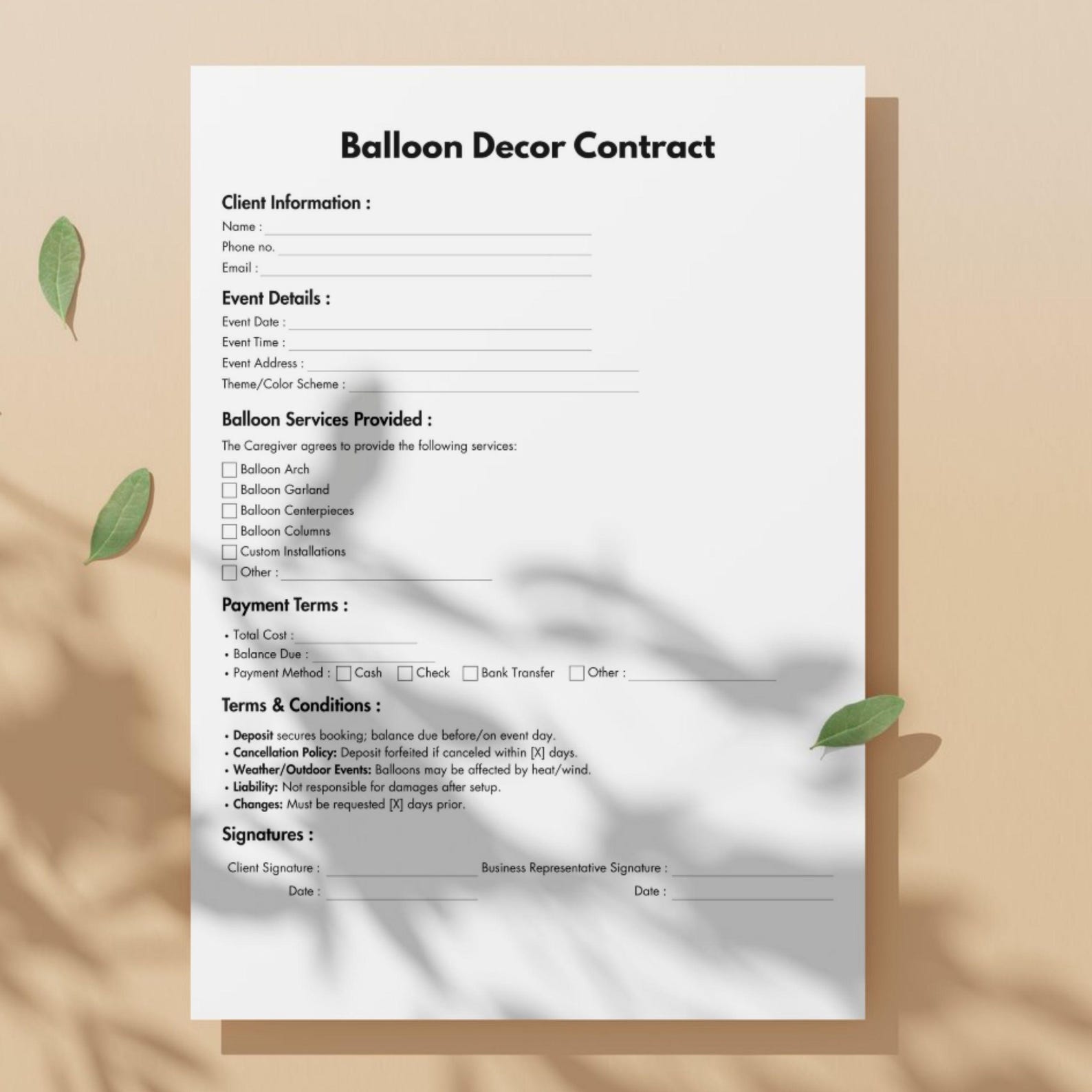 One Page Balloon Decor Contract Template, Editable Balloon Decoration ...