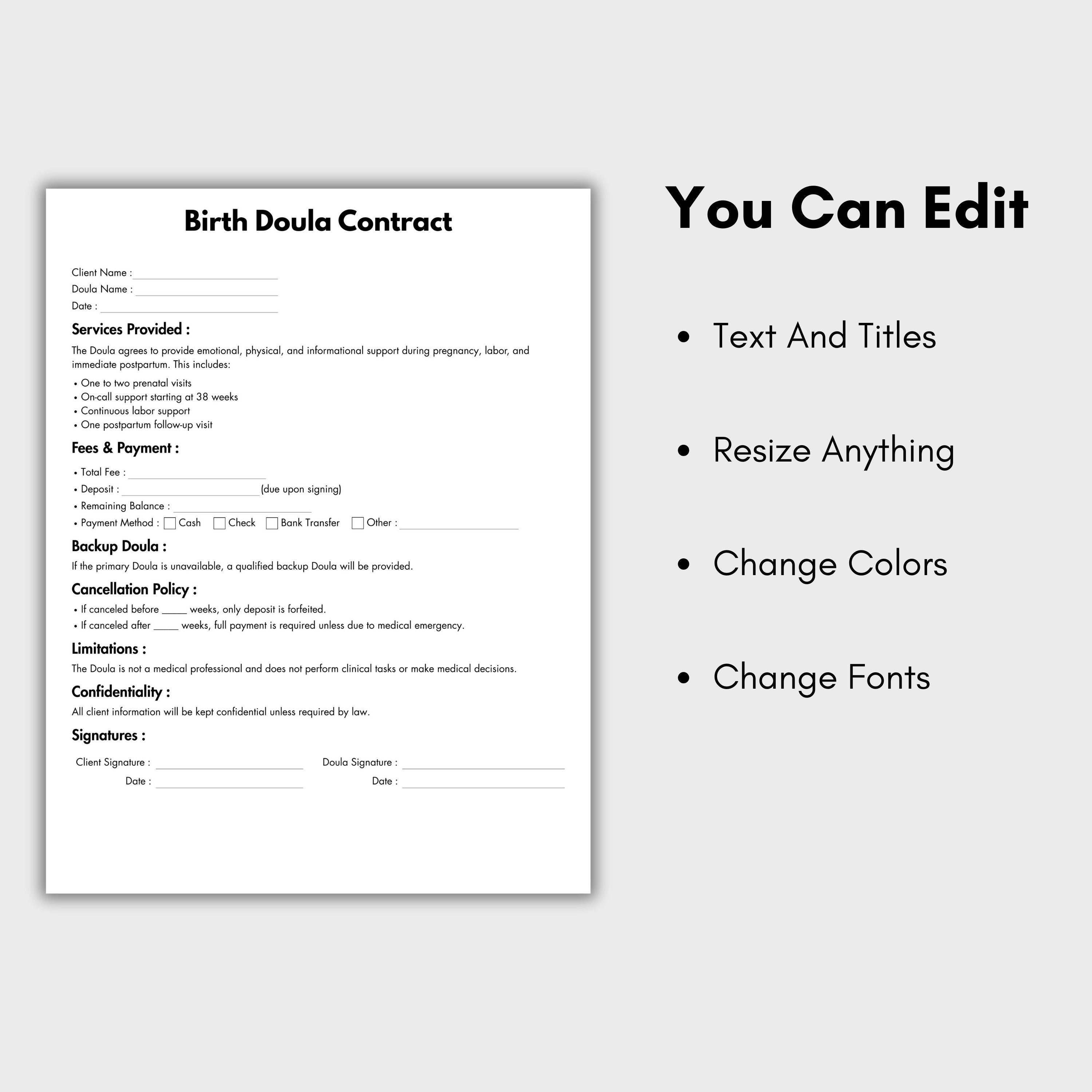 One Page Birth Doula Contract, Editable Doula Services Agreement Form ...