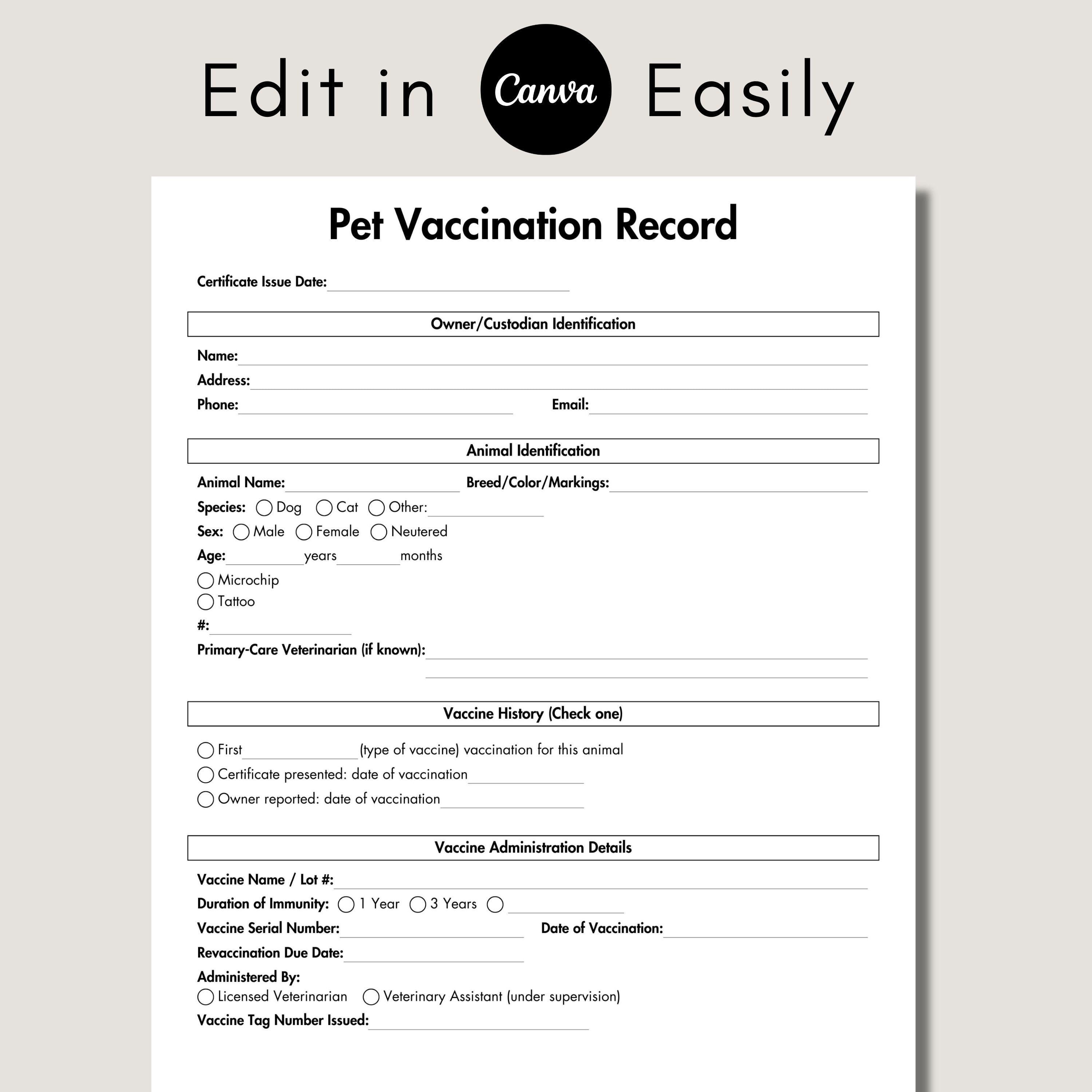 Editable Pet Vaccination Record Template, Dog Vaccination Record ...