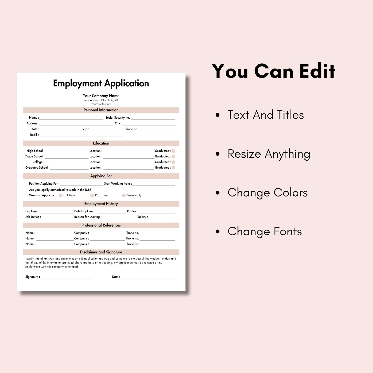Employee Application, Application for Employment, Editable Job ...