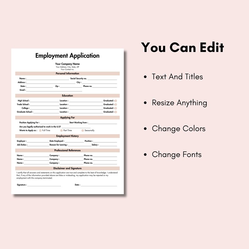 Employee Application, Application for Employment, Editable Job ...