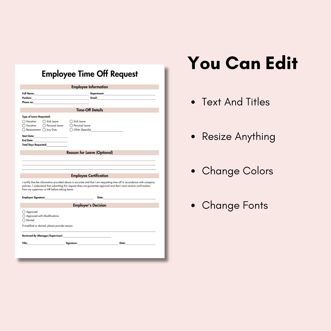 Employee Time off Request, Editable Vacation Request Form Template ...
