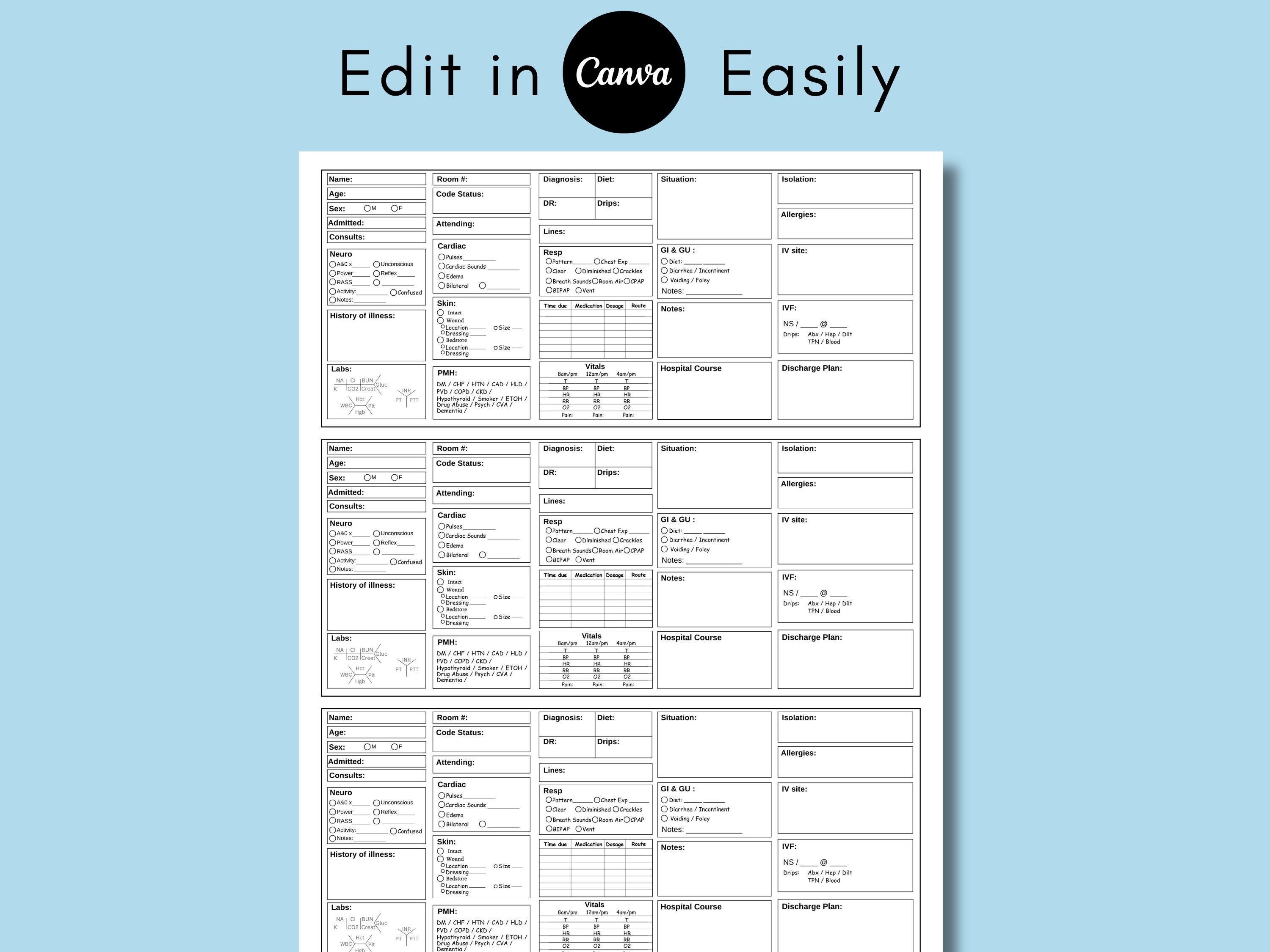 3 Patient Nurse Report Sheet, Printable Nursing Med Surg Report Sheet ...