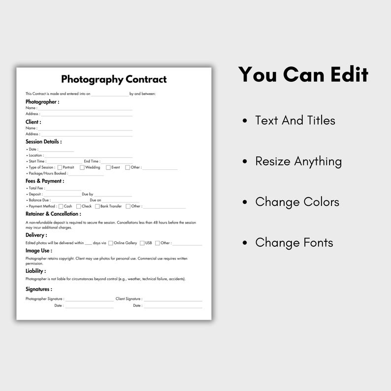 One Page Photography Contract, Editable Contract for Photographers ...