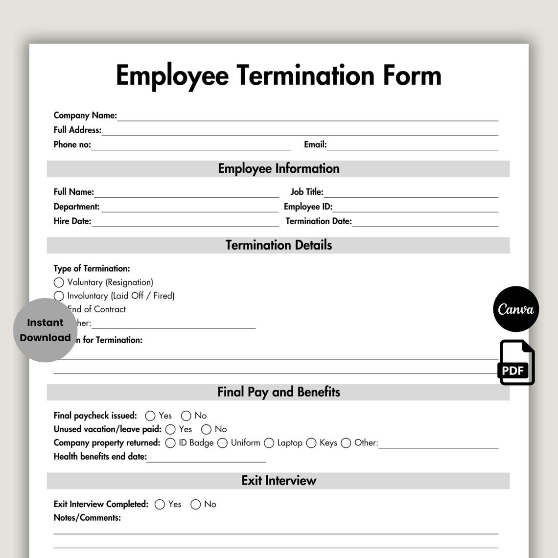 Employee Termination Form Template, Editable HR Terminate Employee Form ...