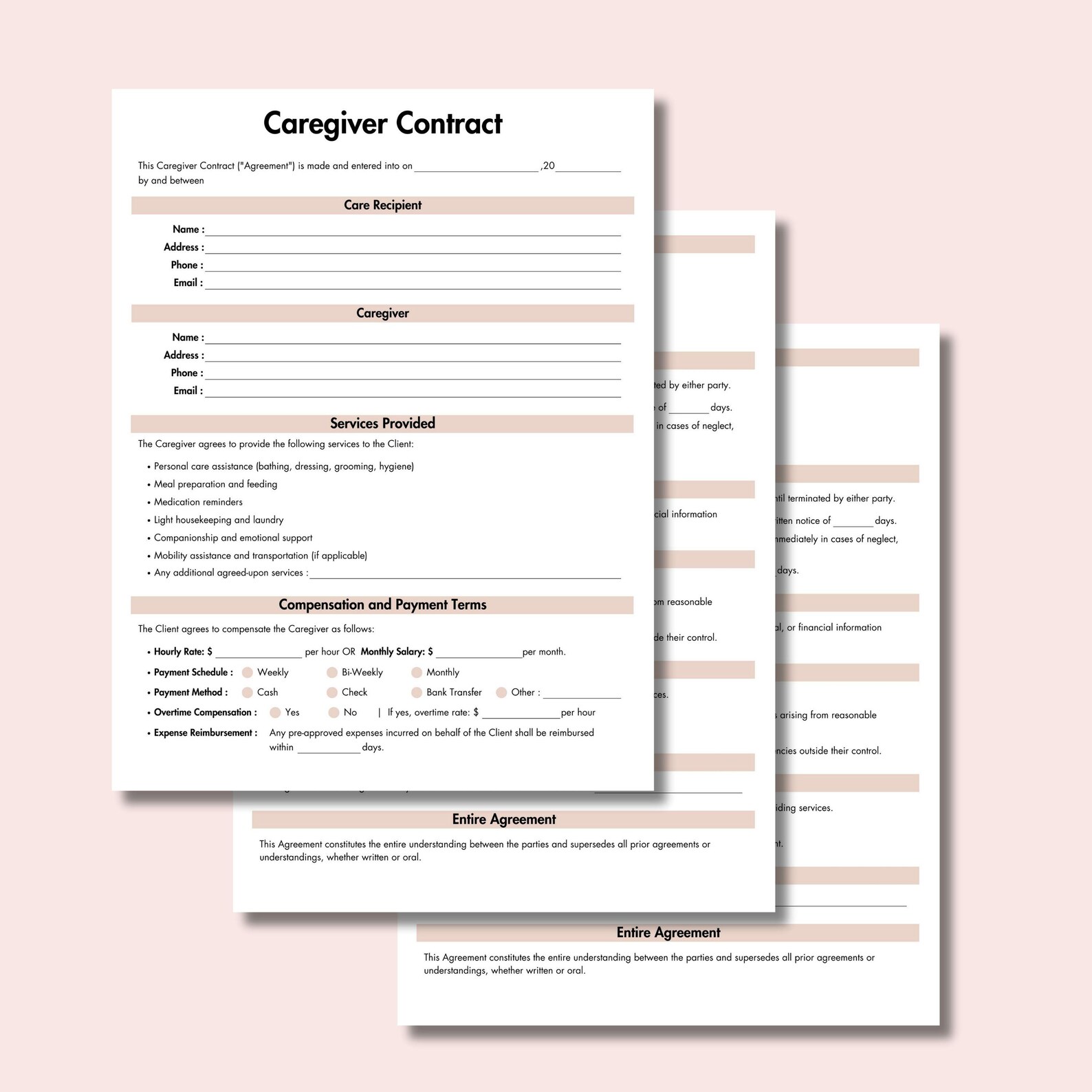 Caregiving Contract, Homecare Agreement, Editable Caregiving Employment ...