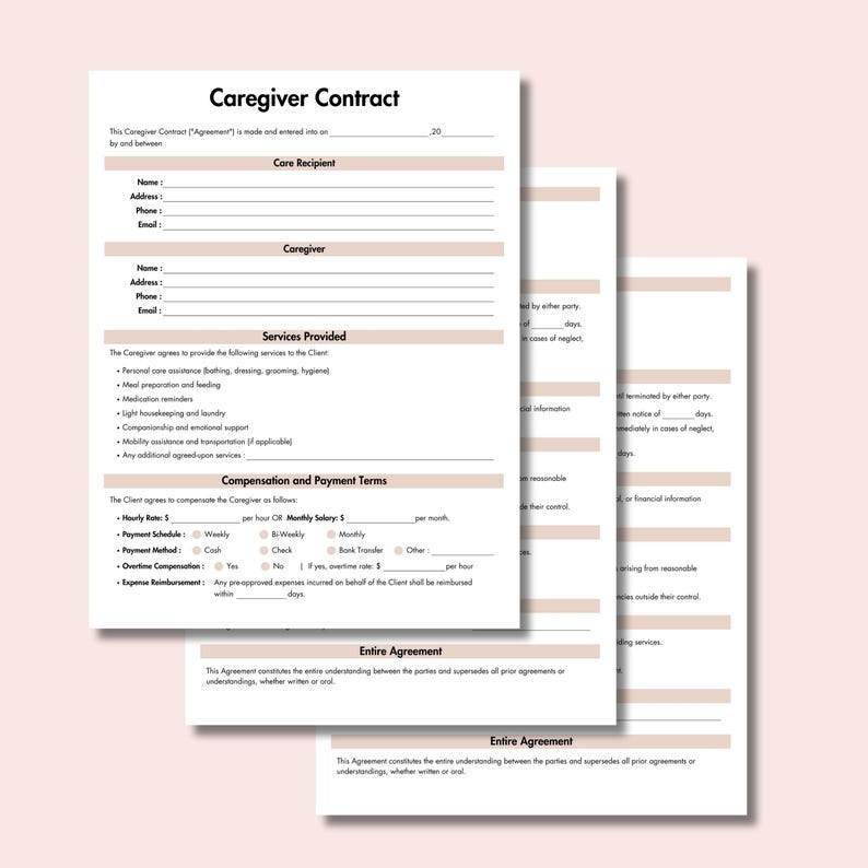 Caregiving Contract, Homecare Agreement, Editable Caregiving Employment ...