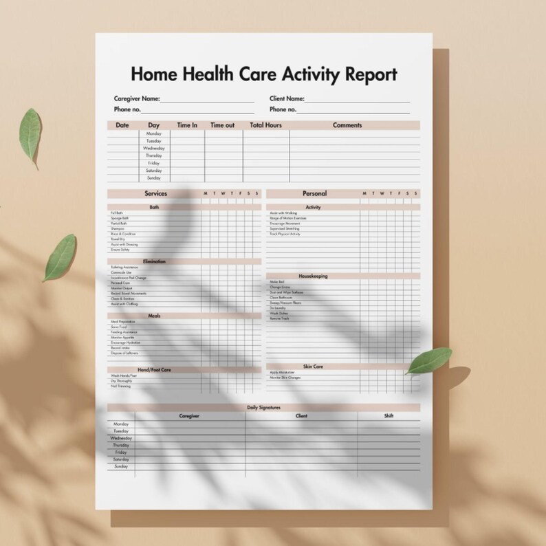 Home Health Caregiver Activity Report, Editable Elder Care Checklist ...