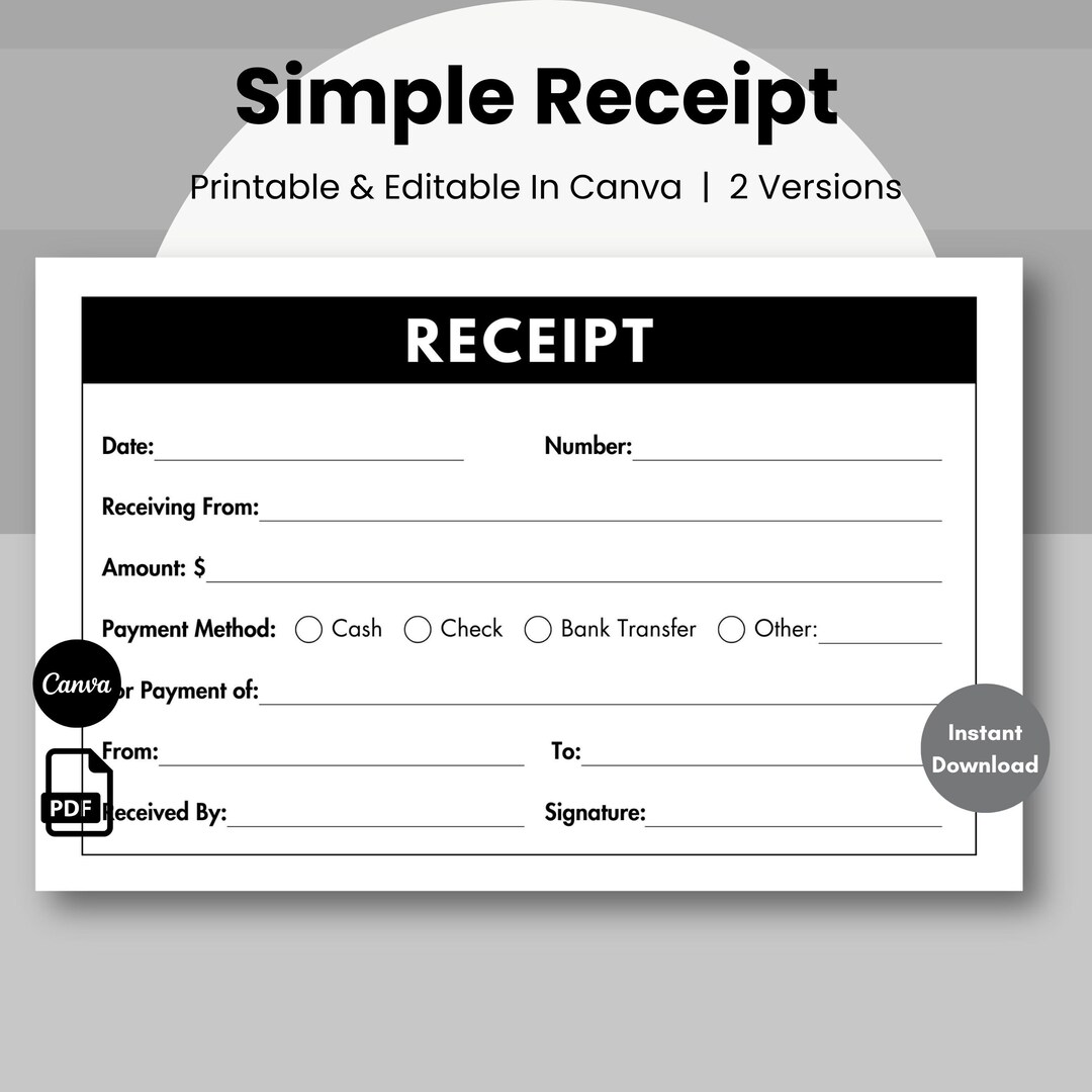 Receipt Template Black, Printable & Editable Customer Receipt, Simple ...