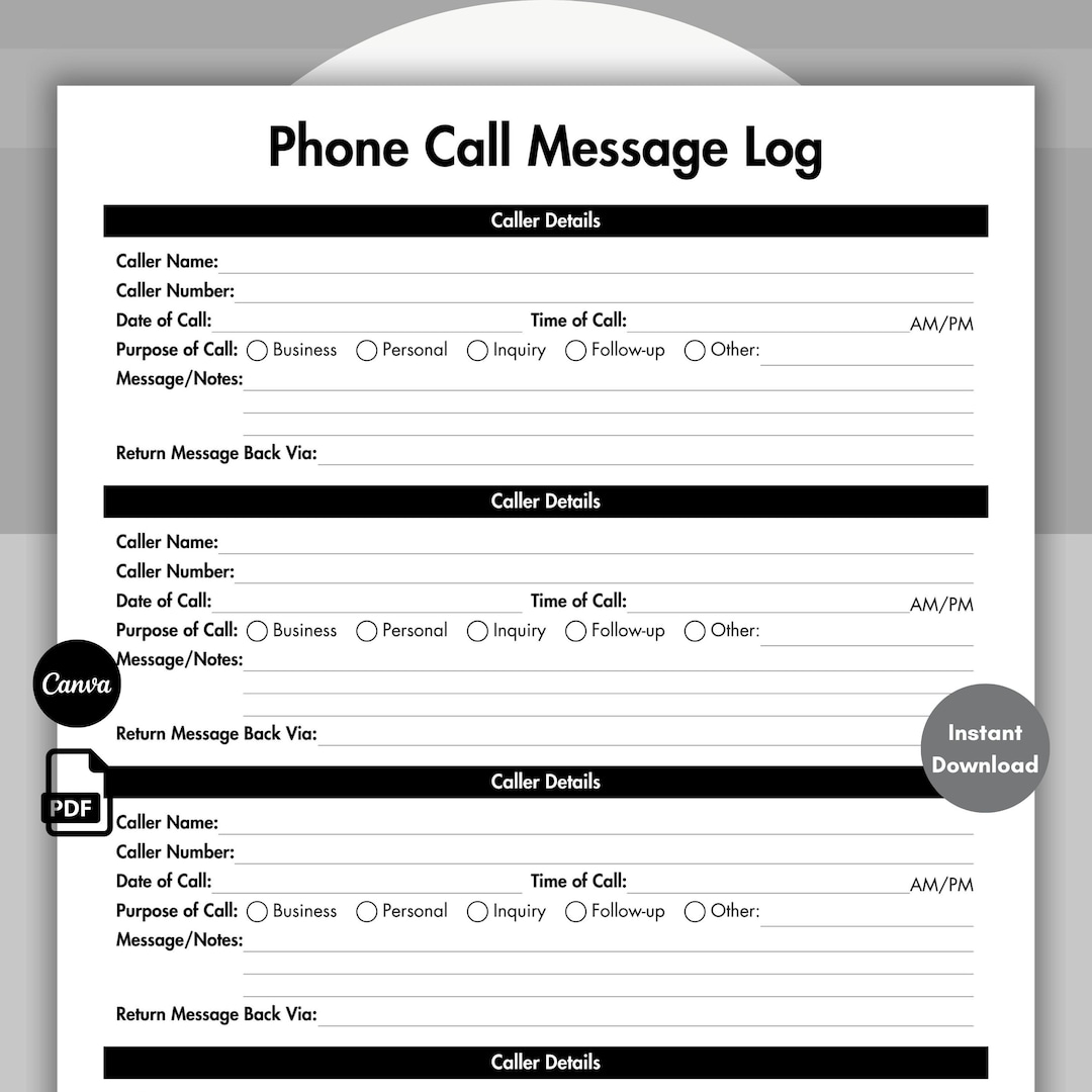 Phone Call Message Log Template Black, Communication Log Form ...