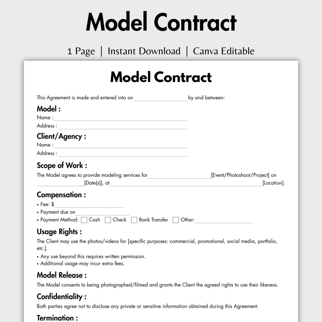 One Page Model Contract, Editable Modeling Services Form Template ...