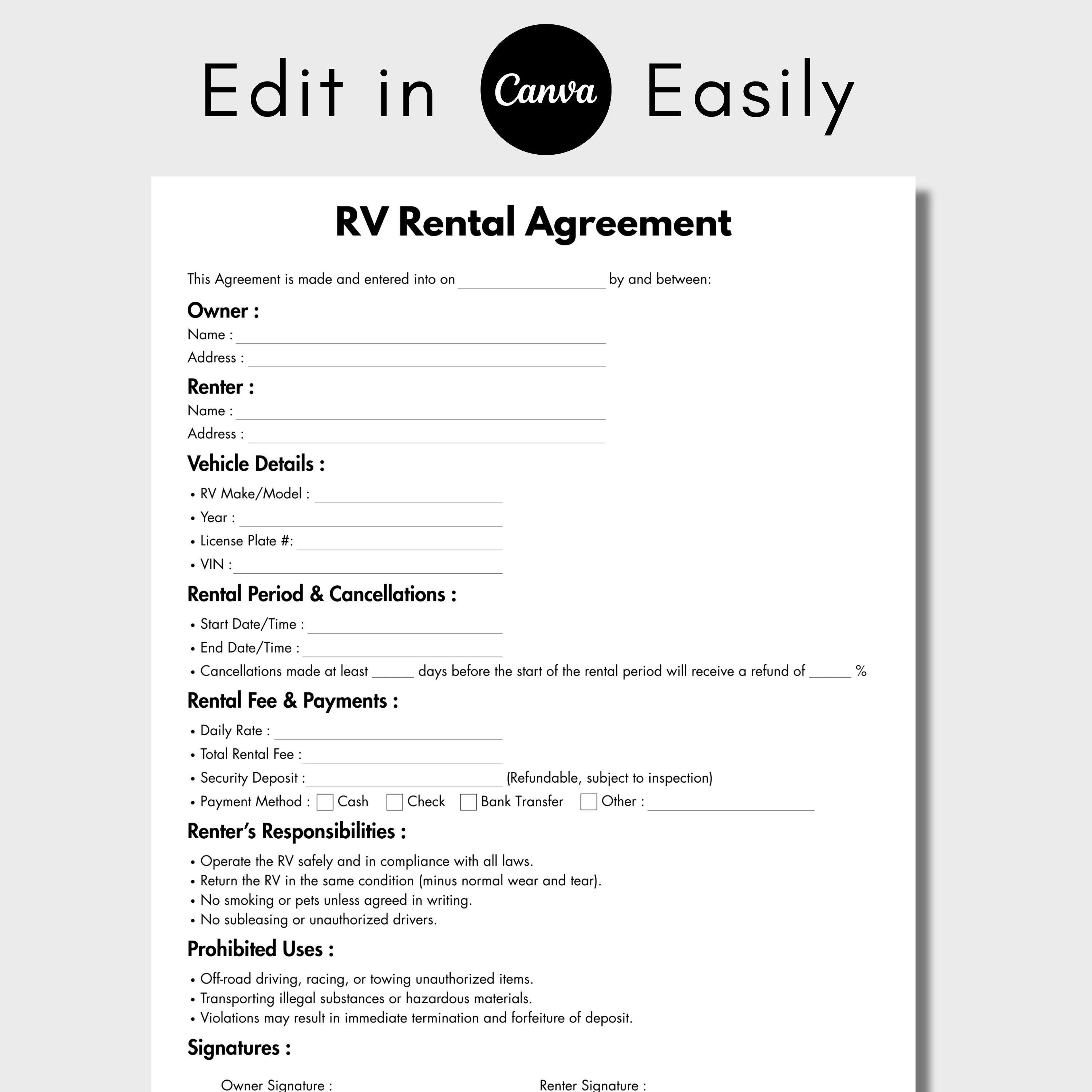 One Page RV Rental Agreement, Editable Rental Form Template Canva ...