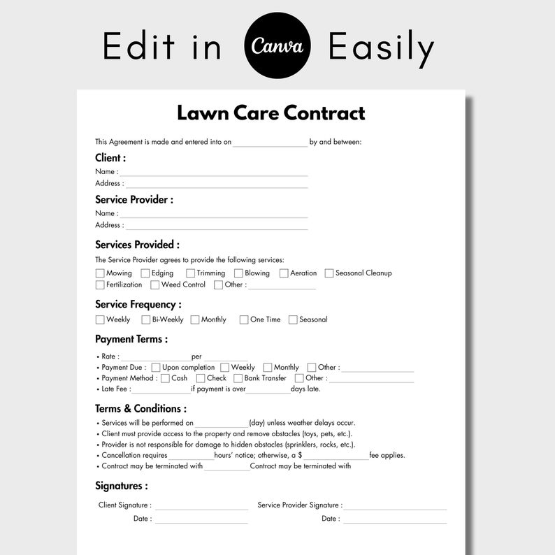 One Page Lawn Care Contract, Editable Landscaping Contract Template ...