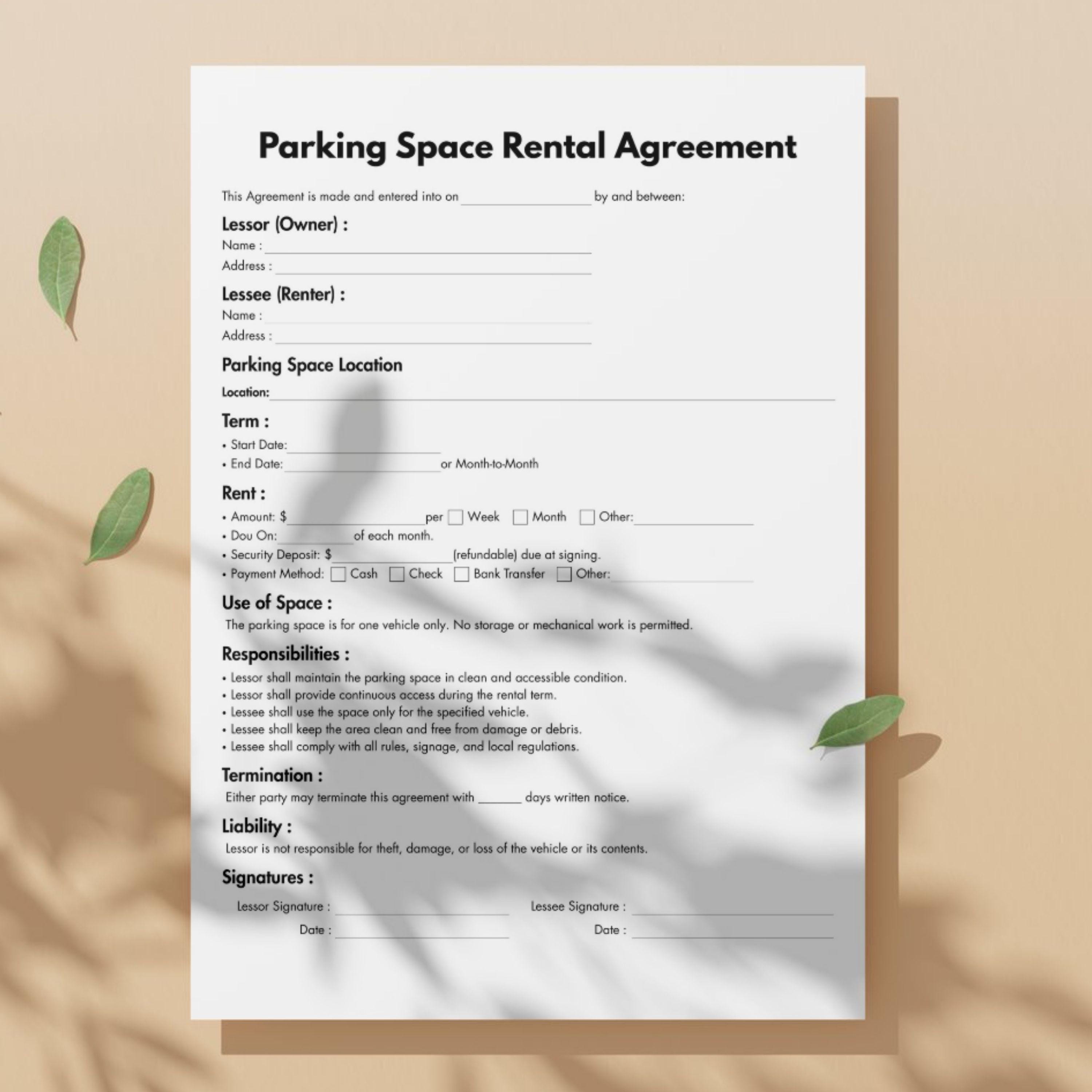 One Page Parking Space Rental Agreement, Editable Parking Permit Form ...