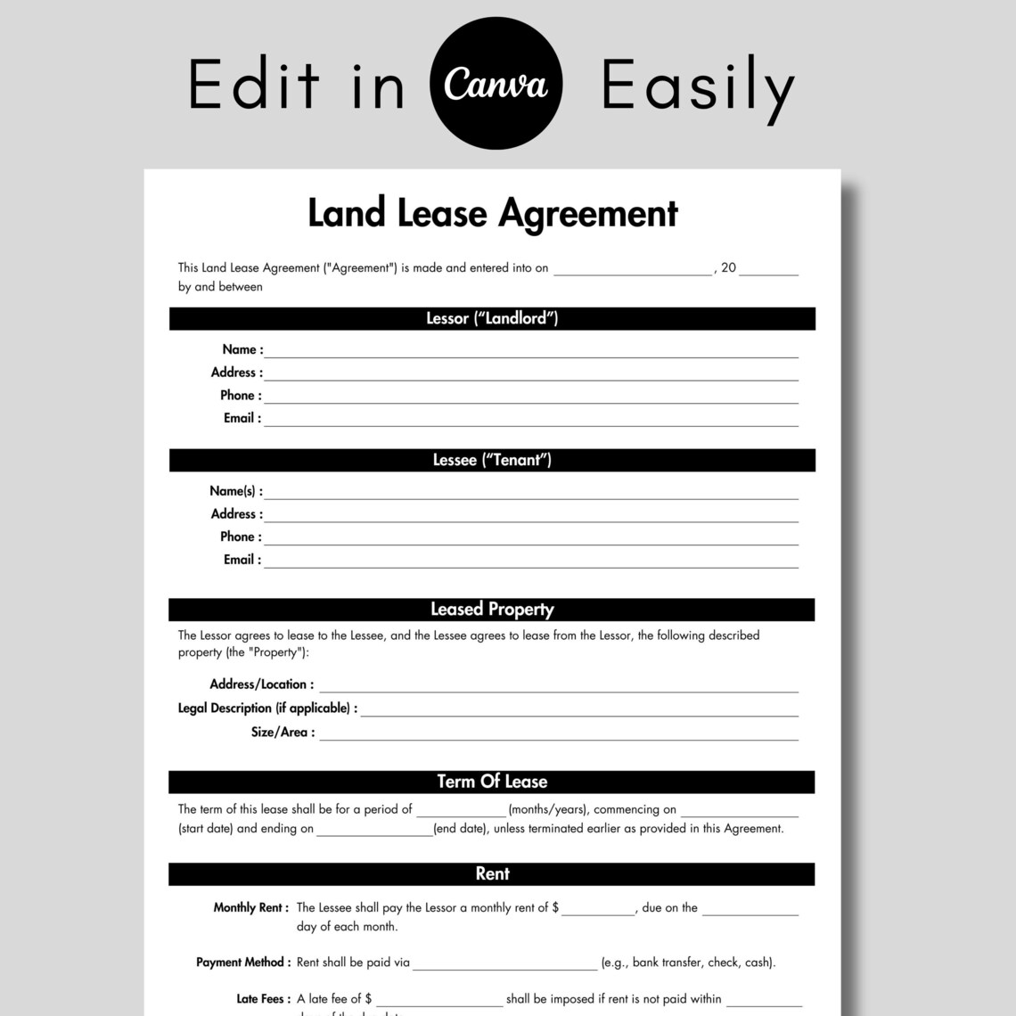 Editable Land Lease Agreement Template, Land Rental Contract Printable ...