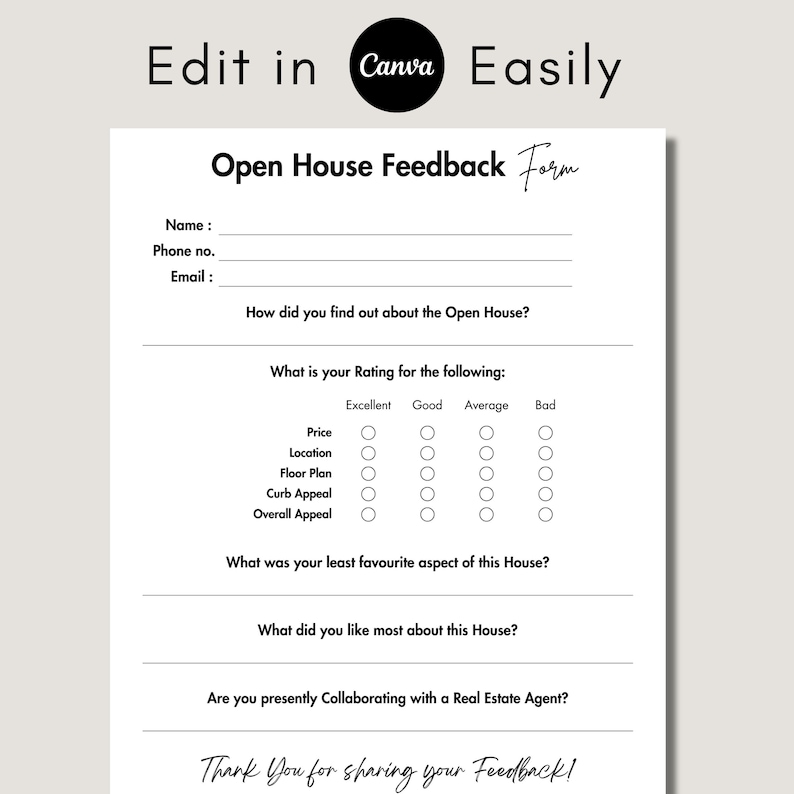 Open House Feedback Form, Printable & Editable Real Estate Open House ...