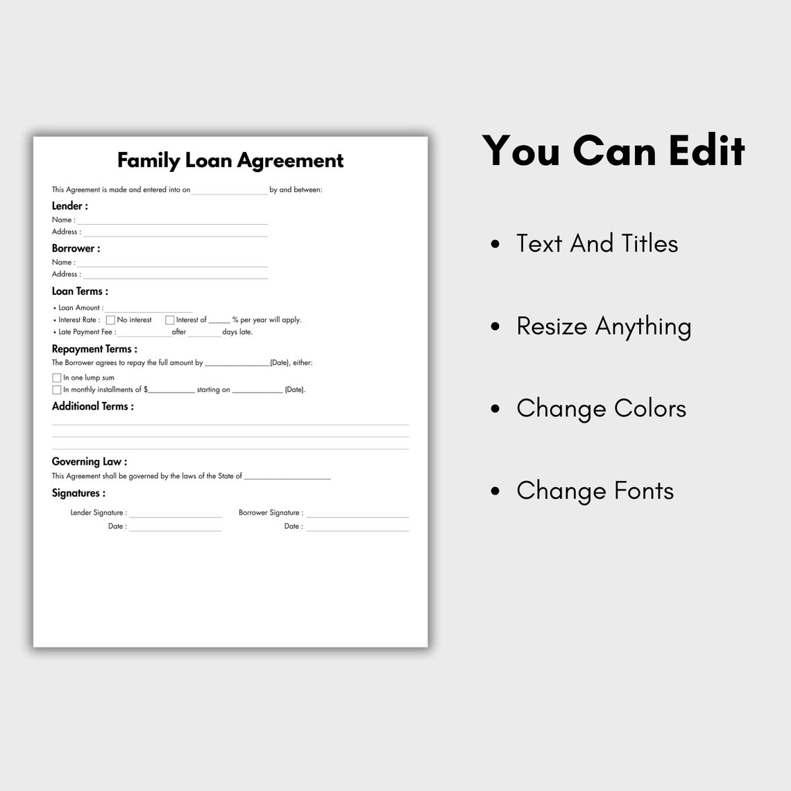 One Page Family Loan Agreement, Editable Family Loan Contract Form ...
