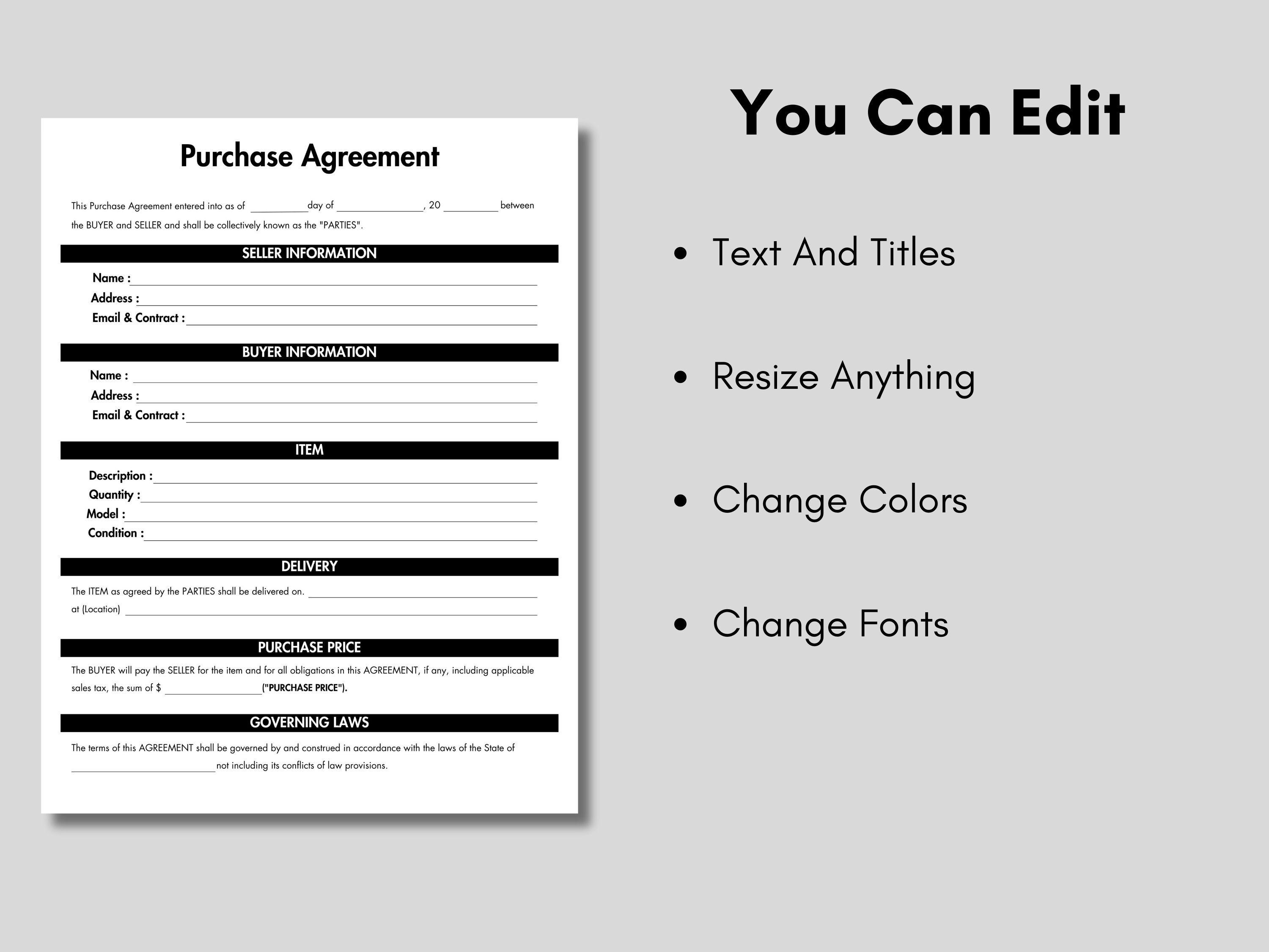 Editable Purchase Agreement Template, Purchase and Sale Contract ...