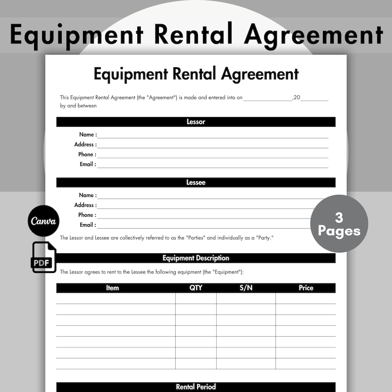 Editable Equipment Rental Agreement, Printable Equipment Rental ...