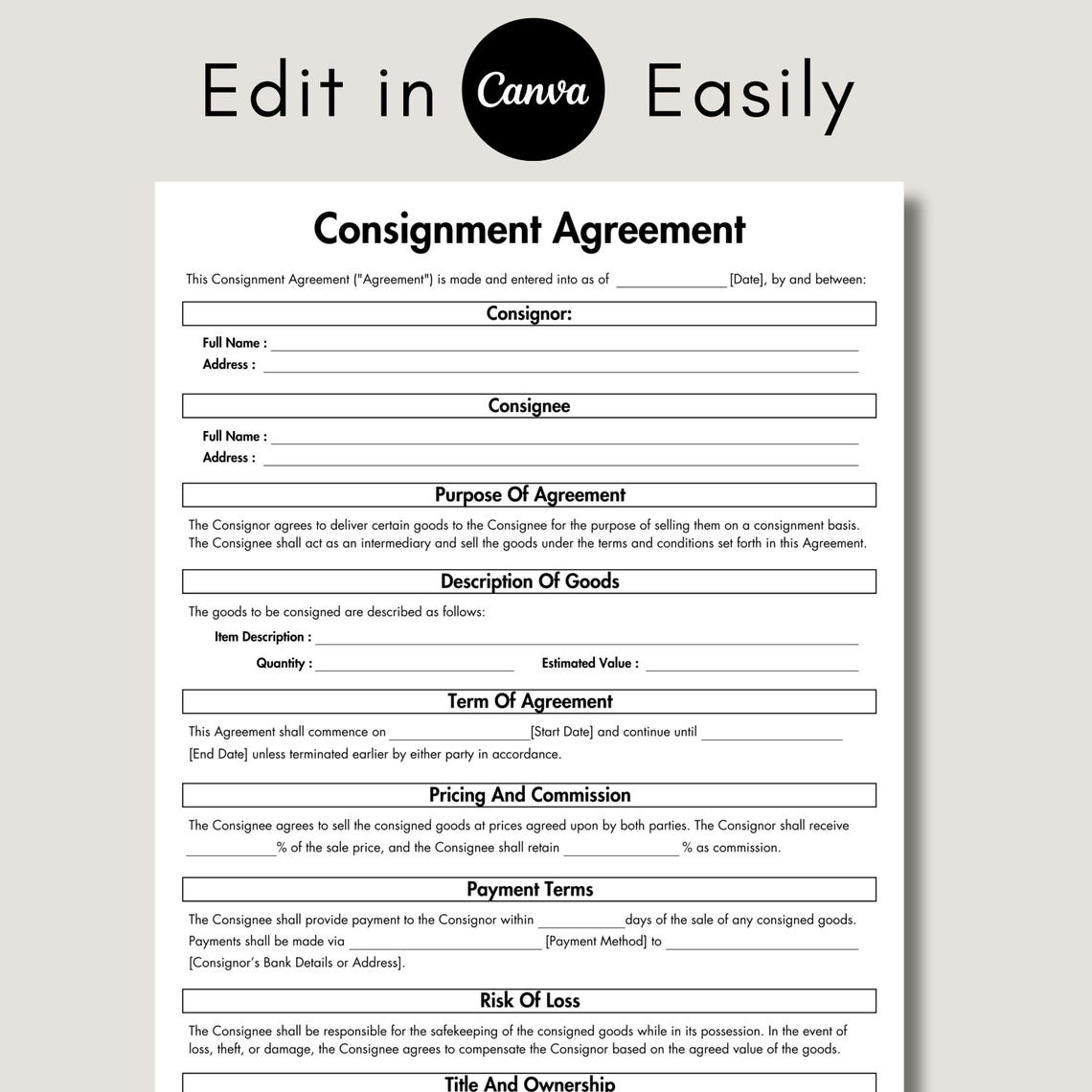 Editable Consignment Agreement Template, Consignment Contract, Shop ...