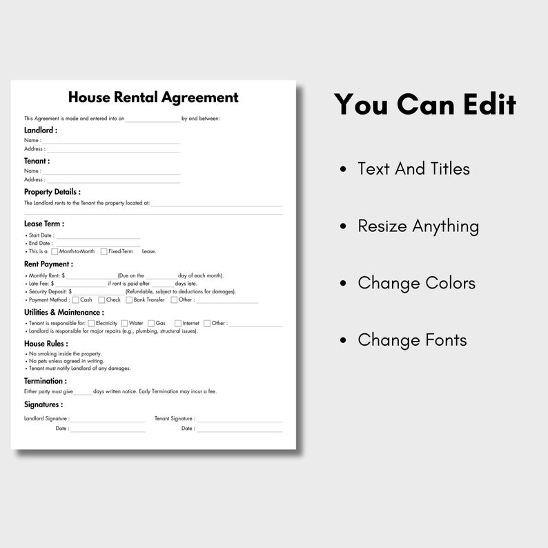 One Page House Rental Agreement, Editable Lease Agreement Template ...