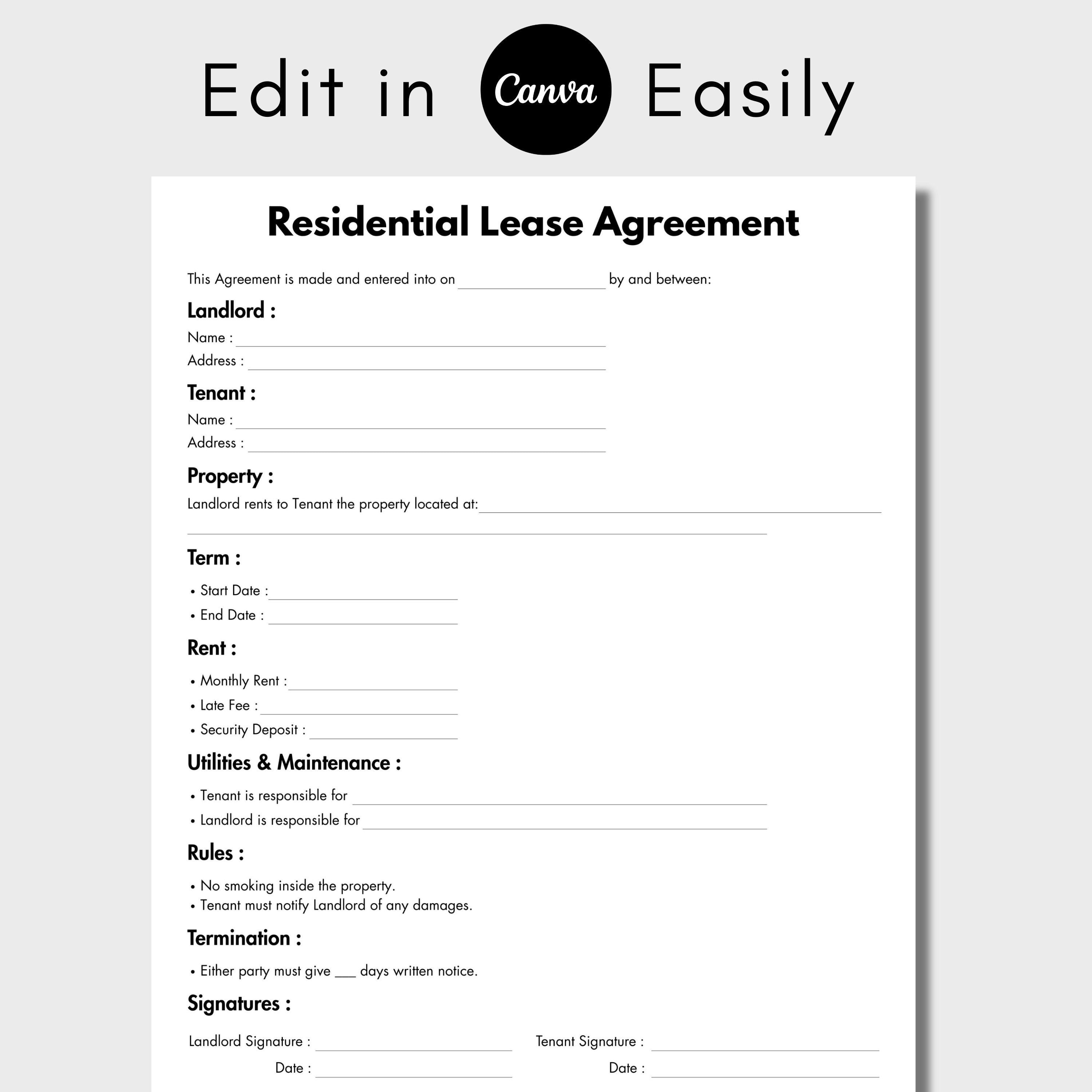 One Page Residential Lease Agreement, Editable Residential Housing ...