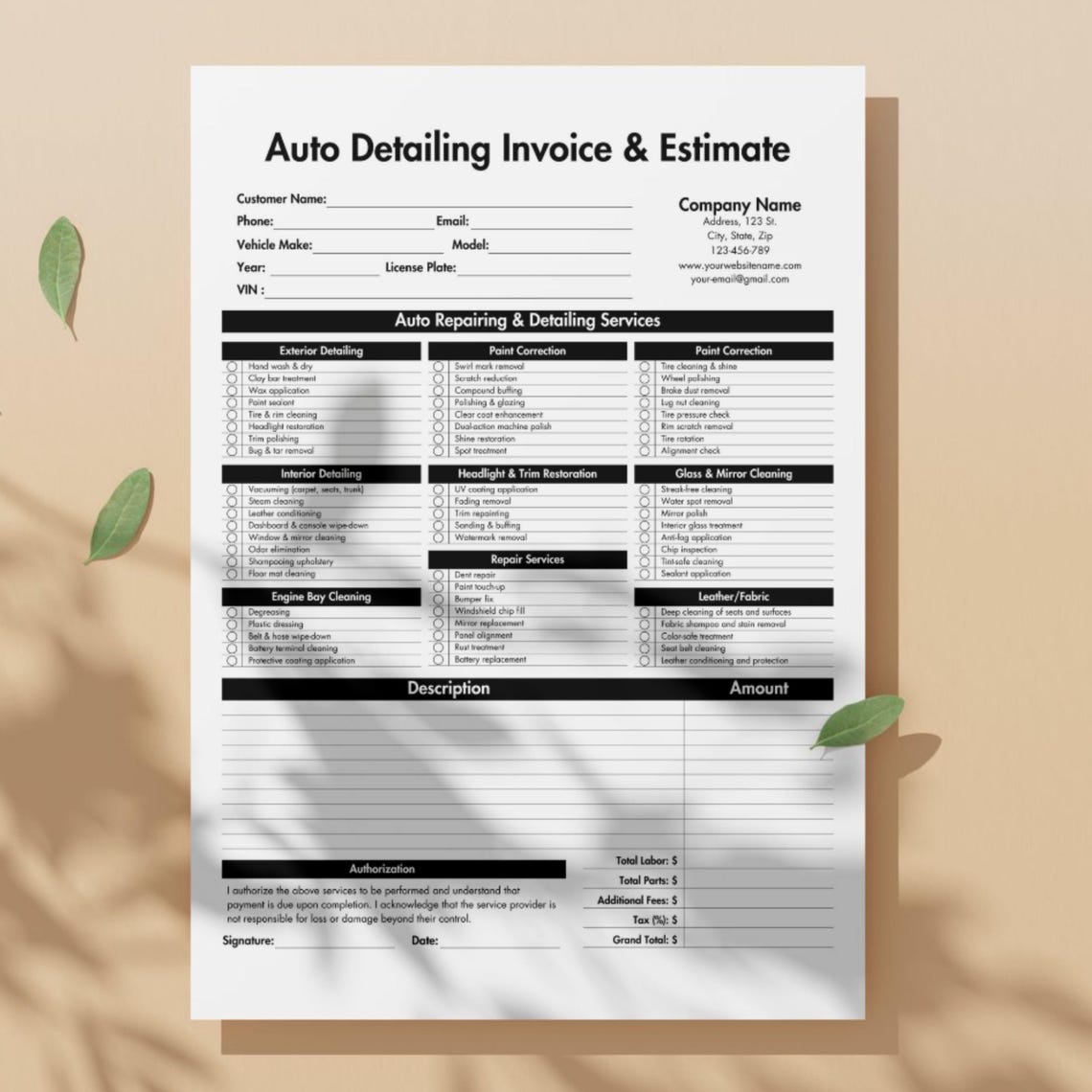 Auto Detailing Invoice & Estimate Black, Printable Vehicle Detailing ...