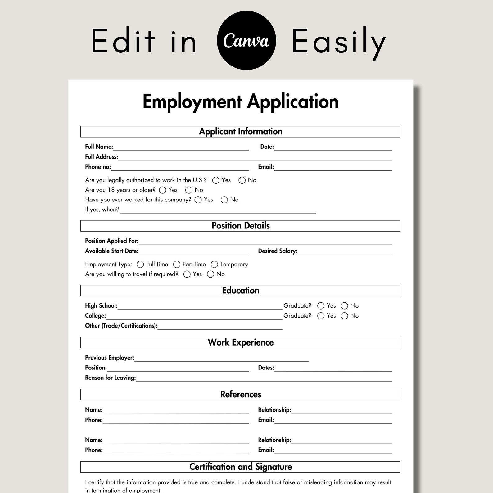 Editable Employment Application, Job Application Template, New Employee ...