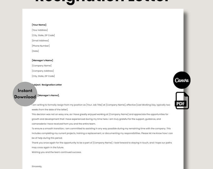 Editable Resignation Letter, Professional Work Resignation, Printable ...