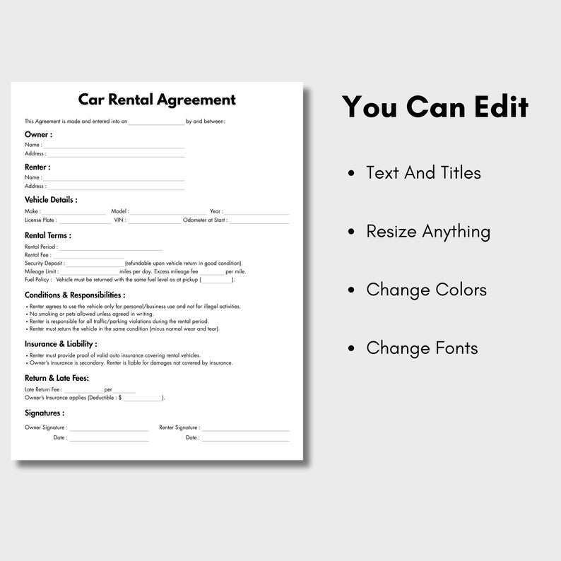 One Page Car Rental Agreement Template, Editable Car Rental Contract ...