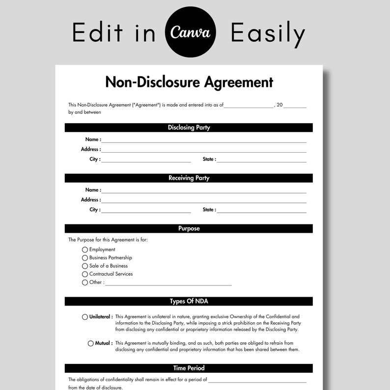 Editable Non-disclosure Agreement, Printable NDA Forms, Confidential ...