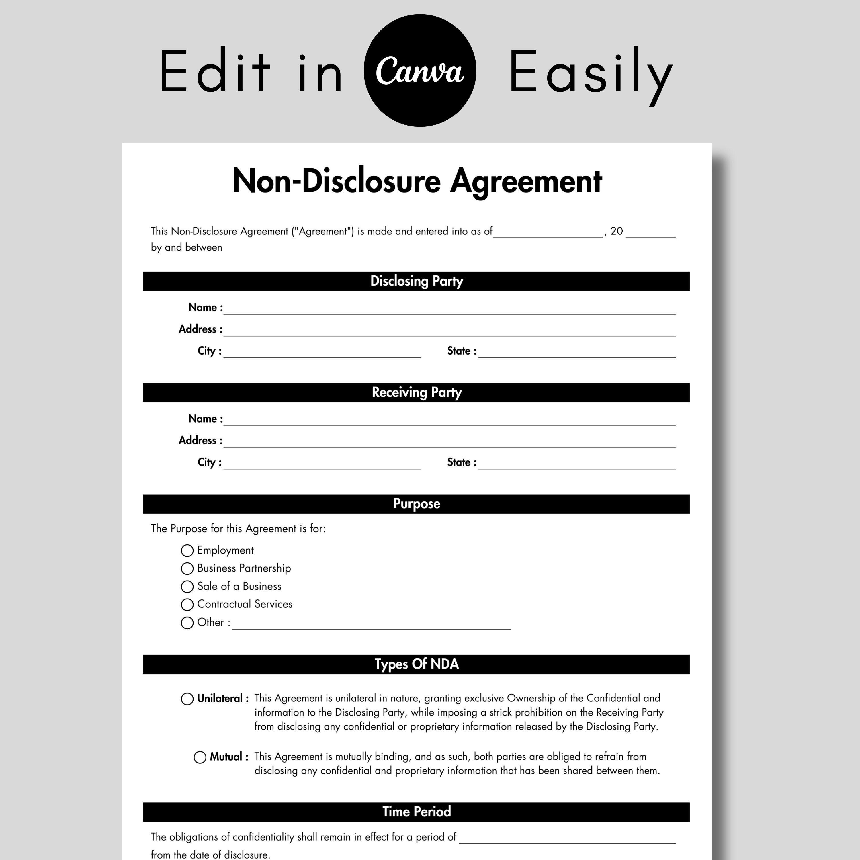 Editable Non-disclosure Agreement, Printable NDA Forms, Confidential ...